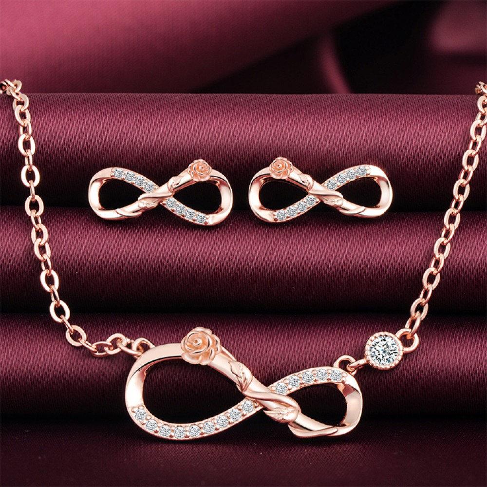 925 Silver, Rose Gold Plated, Necklace With Stud Earrings, Infinity ...